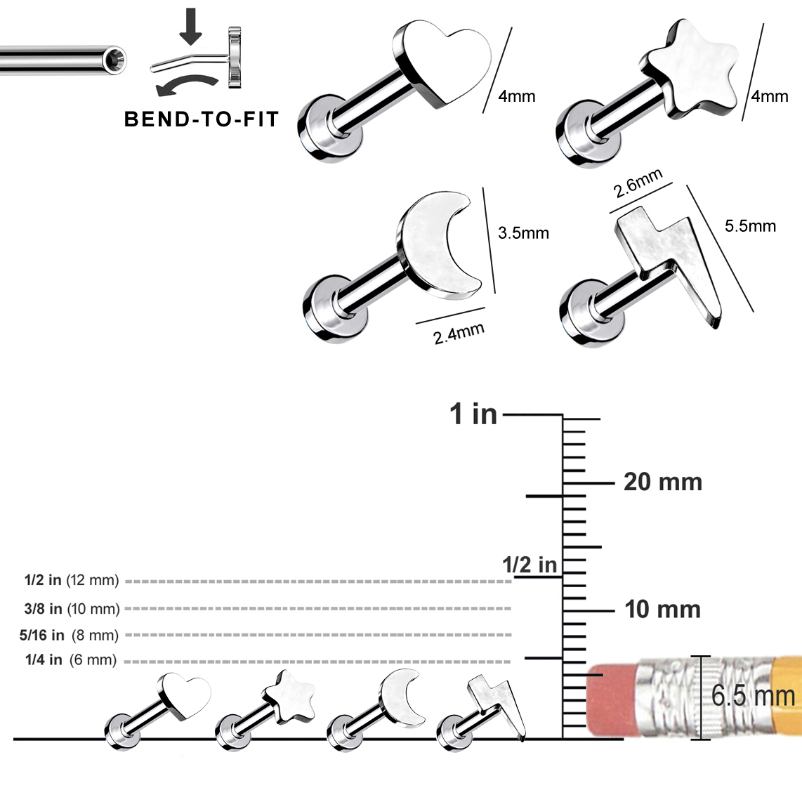 G23 Titanium Threadless Bend-To-Fit Basic Push-In Flat Back Stud