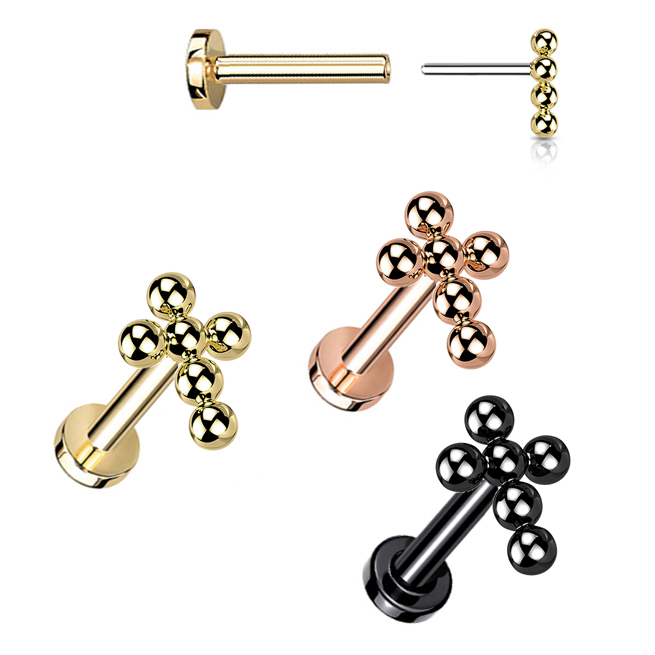 G23 Titanium Threadless Bend-To-Fit Push-In PVD Flat Back Stud - Cross