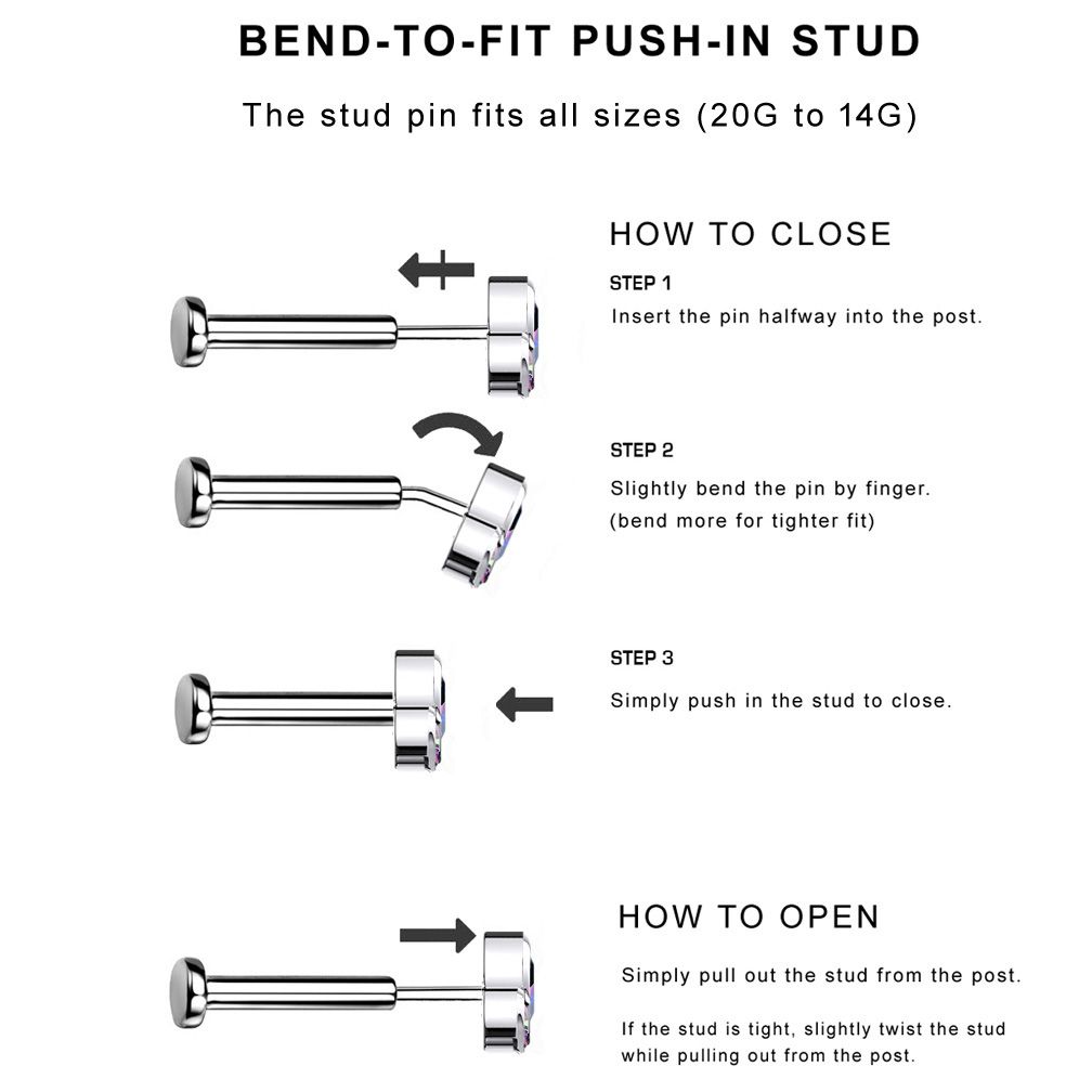 G23 Titanium Triple CZ Threadless Bend-To-Fit Push-In Flat Back Stud