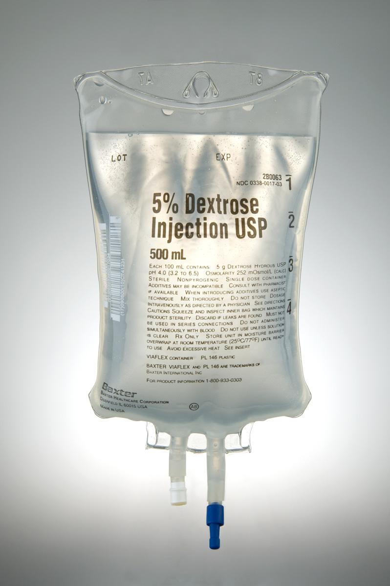 Solution, 500 mL Viaflex Plastic Container, 5% Dextrose Solution, USP, sold as 24/Case by Baxter ...