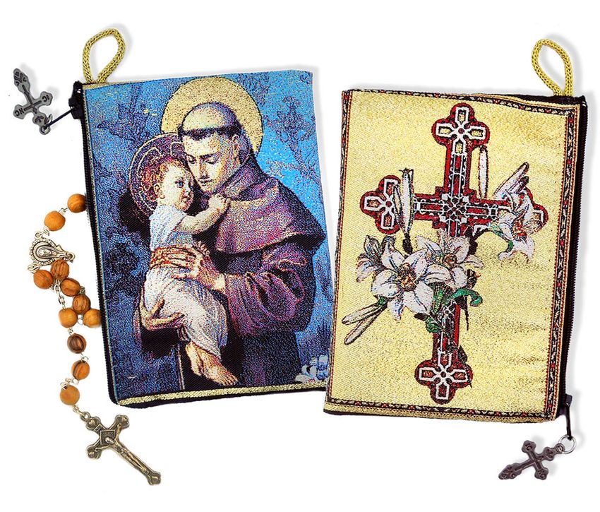Saint Anthony with Child Jesus, Cross and Lilies, Rosary Pouch Case ...