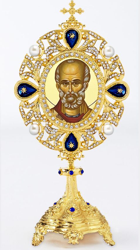 Saint Nicholas, Greek Icon in Jeweled Shrine, Blue Crystals - at Holy ...