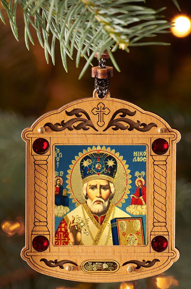 Saint Nicholas, Wooden Icon Shrine Pendant Ornament on Rope - at Holy ...