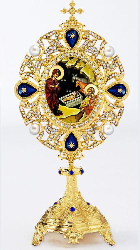 The Nativity of Christ, Greek Icon in Jeweled Shrine, Blue Crystals ...