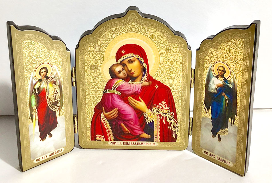 Virgin of Vladimir / Archangels Michael and Gabriel, Gold Foil Triptych - at Holy Trinity Store