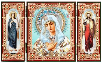 Virgin Mary Extreme Humility, Icon Triptych with Arch. Michael and Gabriel - at Holy Trinity Store