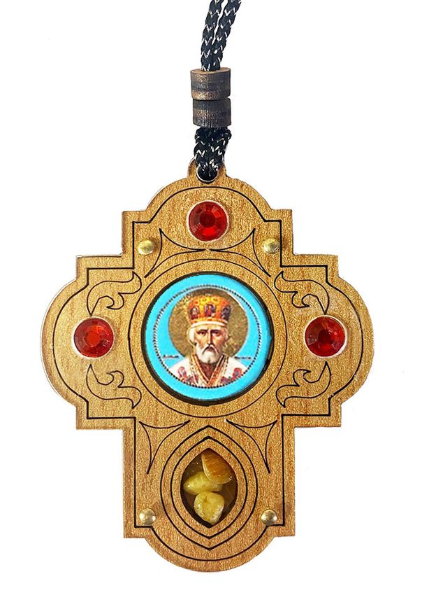 Saint Nicholas, Wooden Cross Pendant - at Holy Trinity Store