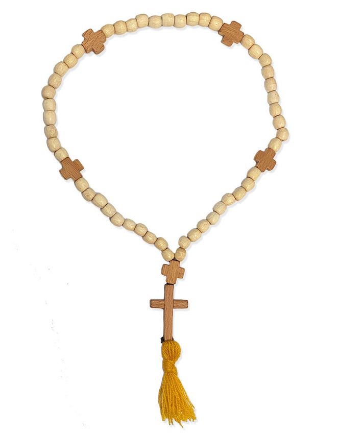 Wooden Prayer Beads Rope with Cross, 50 Knots - at Holy Trinity Store