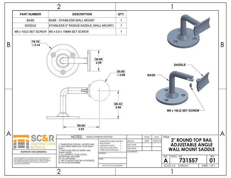 2" ROUND TOP RAIL ADJUSTABLE ANGLE WALL MOUNT SADDLE