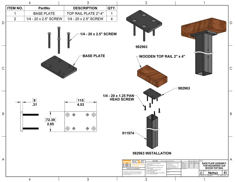 Base Plate Assembly for Mounting 2x4 Wood Top Rail