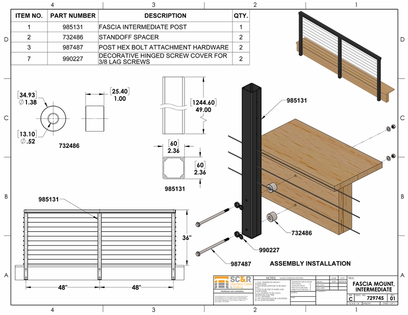 Cable Railing Post - Fascia Mount, Intermediate