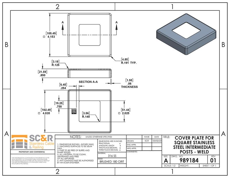 Cover Plate for Square Stainless Steel Intermediate Posts