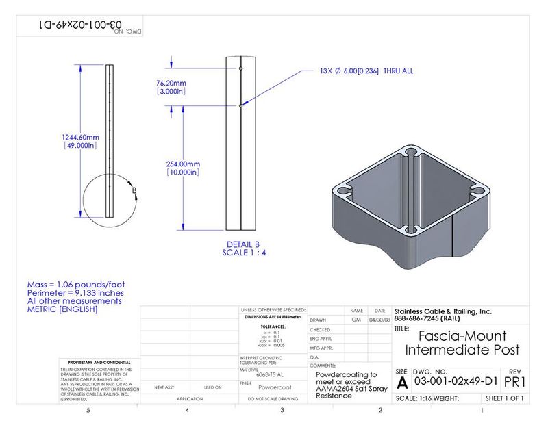 Cable Railing Post - Fascia Mount, Intermediate