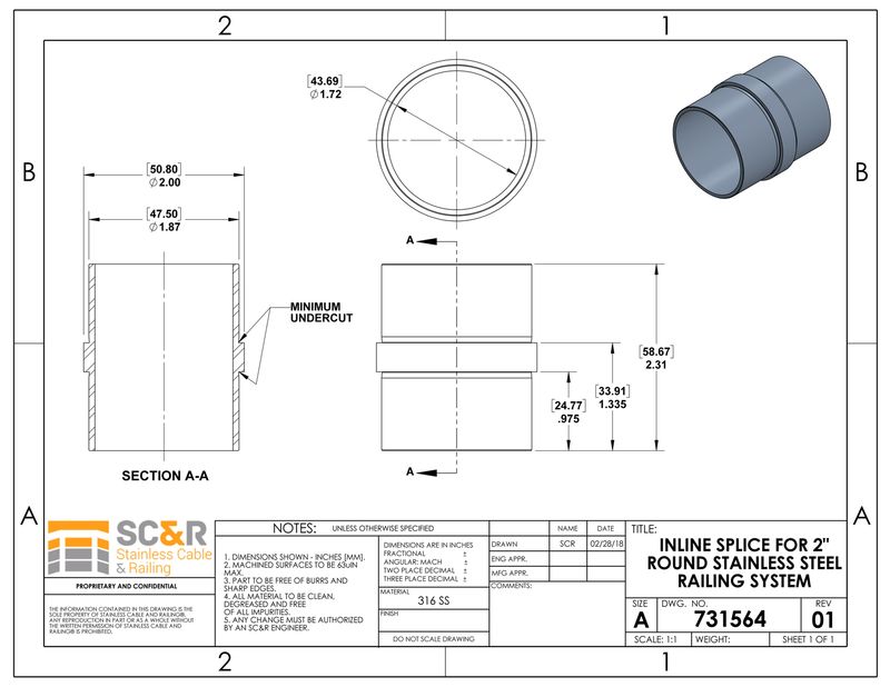 Inline Splice for 2" Round Stainless Steel Railing System.