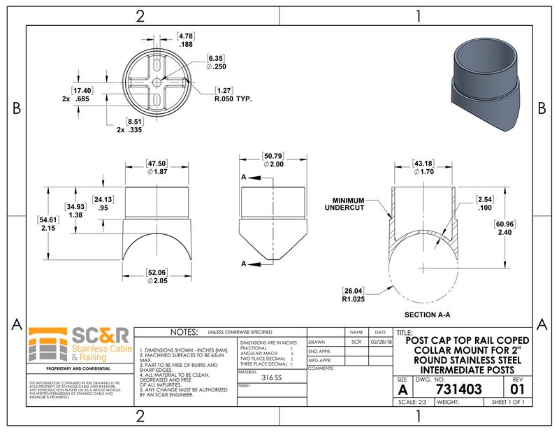 Post Cap Top Rail Coped Collar Mount for 2" Round Posts