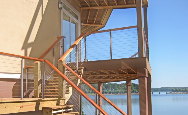 Round Stainless Steel Posts w/ Wood Rail - Lake Norman, NC