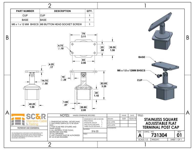 Stainless Square Adjustable Flat Post Cap