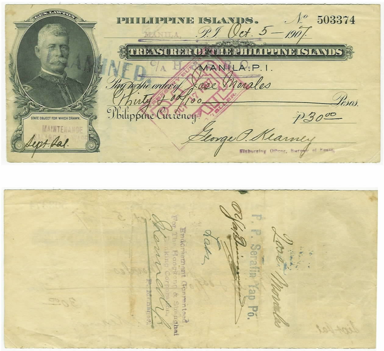Philippines: Treasurer of the Philippine Islands 1907 check. **SOLD OUT**