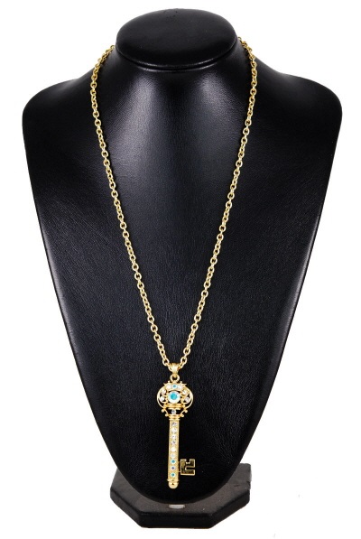 Chunky Gold Tone Aurora Borealis Crystal Crown Key Necklace