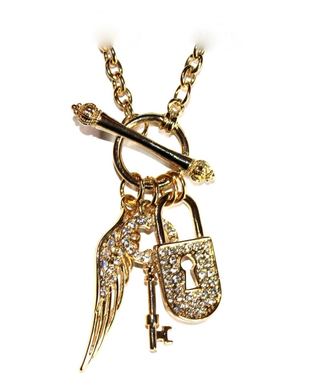 Lock Key Angel Wing Charm Gold Pave Crystal Ring & Toggle Necklace