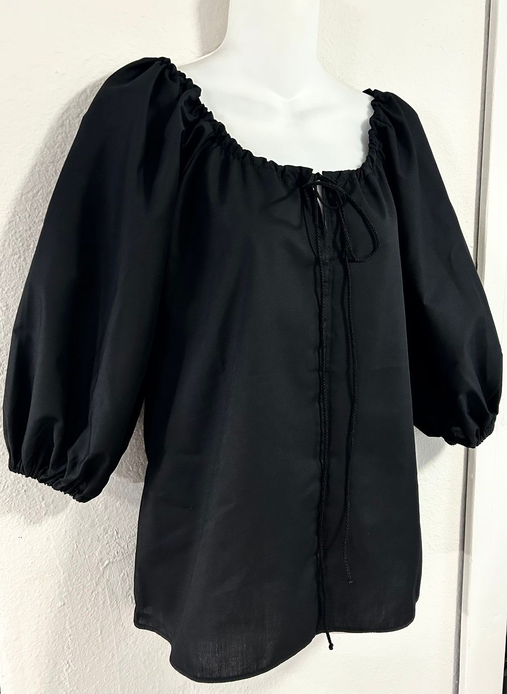 Puff Sleeve Peasant Top w/Drawstring Neckline
