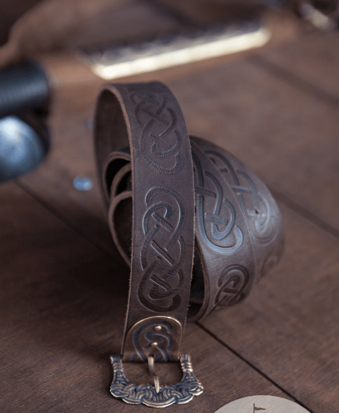 Embossed Viking Belt leather belt with molded brass clasp.