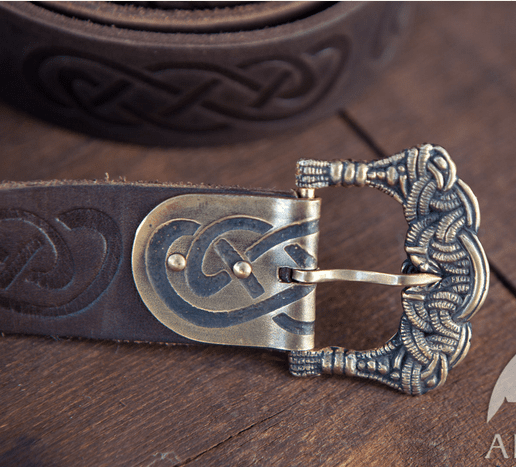 Embossed Viking Belt leather belt with molded brass clasp.