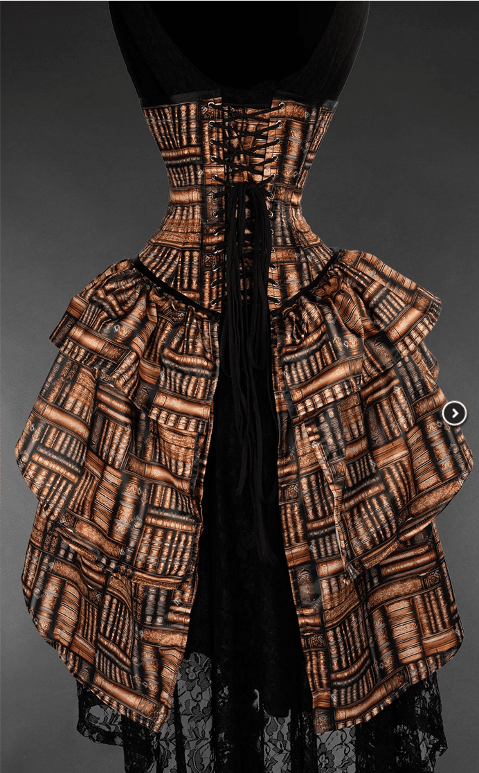 Corset with a skirt attached to it, with a print based on a book case ...