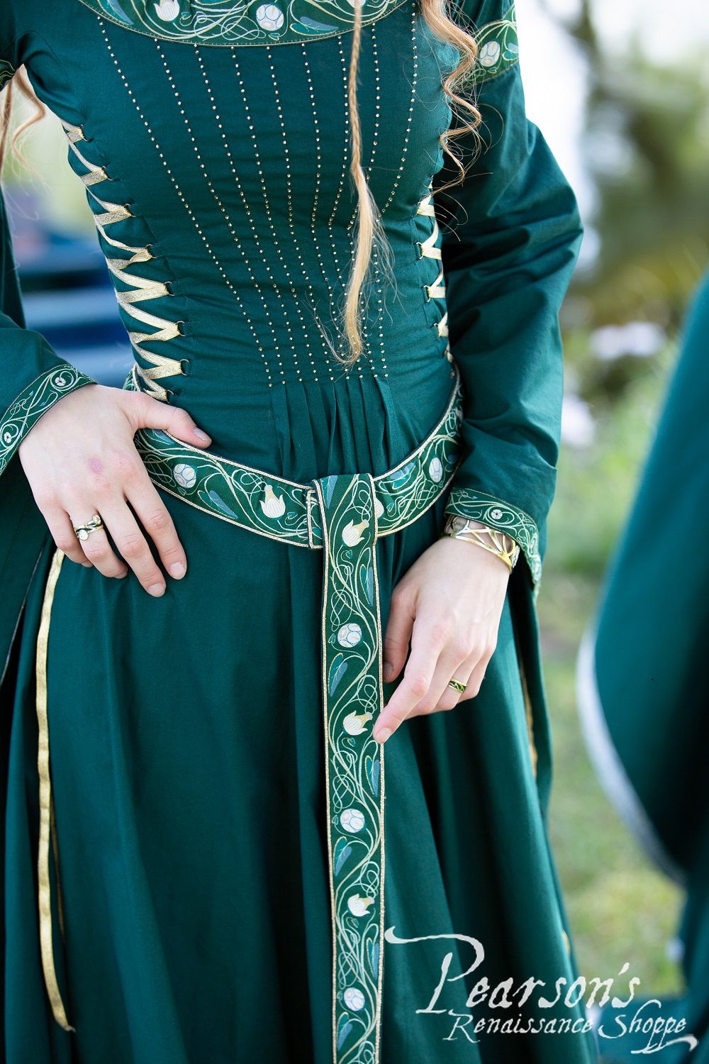 Elven Fabric Belt Water Flowers Long belt with beaded fringe