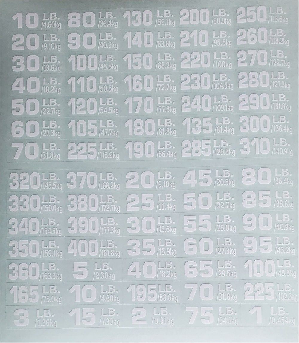 Weight Stack & Dumbbell Sticker Set - 5 lb to 400 lbs - White on Clear ...