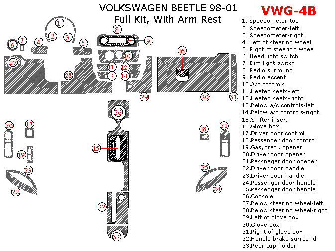 1998-2001 VW Beetle Full Dash Trim Kit, w/ Armrest, 33 Pcs