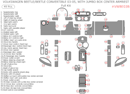 2003-2005 VW Beetle Full Dash Trim Kit, 49 Pcs, w/ Jumbo Armrest
