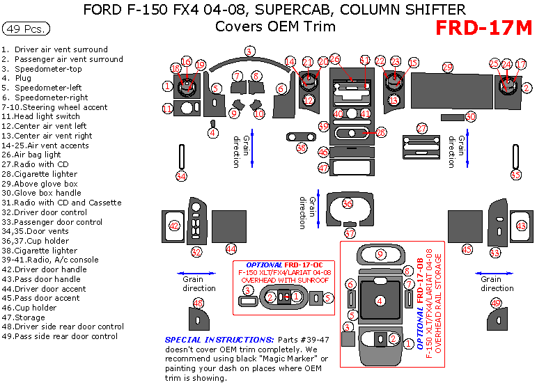 2004-2008 Ford F-150 FX4 SuperCab Main Dash Trim Kit, w/ Column Shifter ...