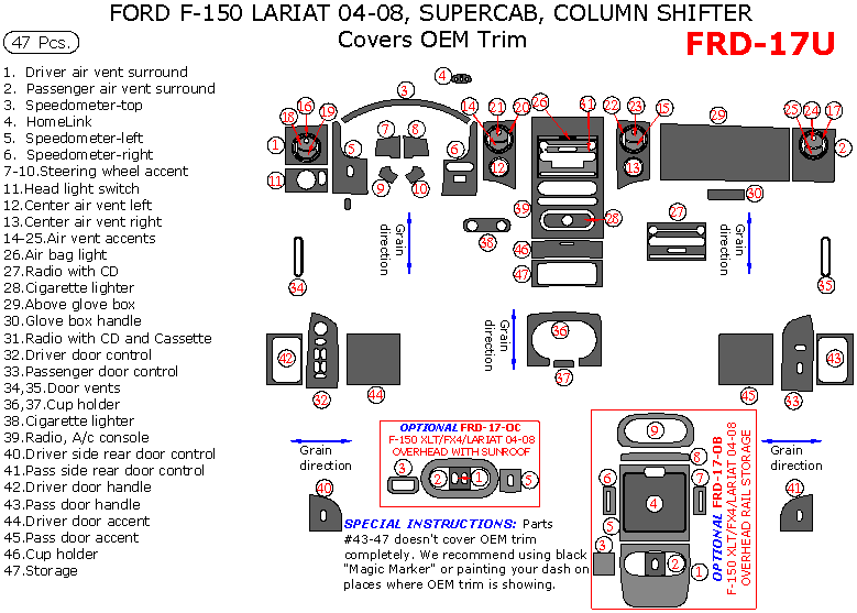 2004-2008 Ford F-150 Lariat King Ranch SuperCab Main Dash Trim Kit ...