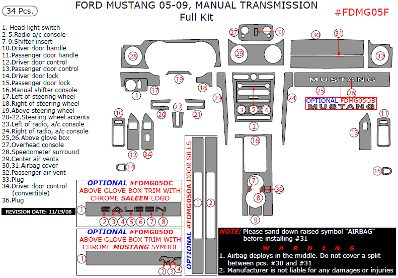 2005-2009 Ford Mustang Full Dash Trim Kit, w/ Manual Auto Accessories