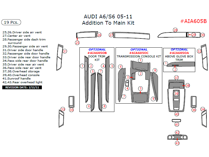 2005-2011 Audi A6 / S6 Addition To Main Dash Trim Kit, 19 Pcs