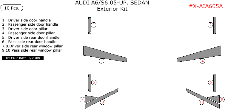 2005-2011 Audi A6 / S6 Exterior Trim Accent Kit 10 Pcs