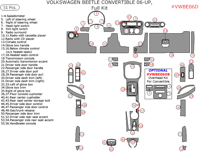 2006-2010 VW Beetle Convertible Full Dash Trim Kit, 51 Pcs