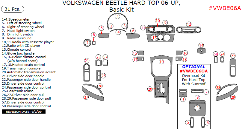 2006-2010 VW Beetle Hardtop Basic Dash Trim Kit, 31 Pcs