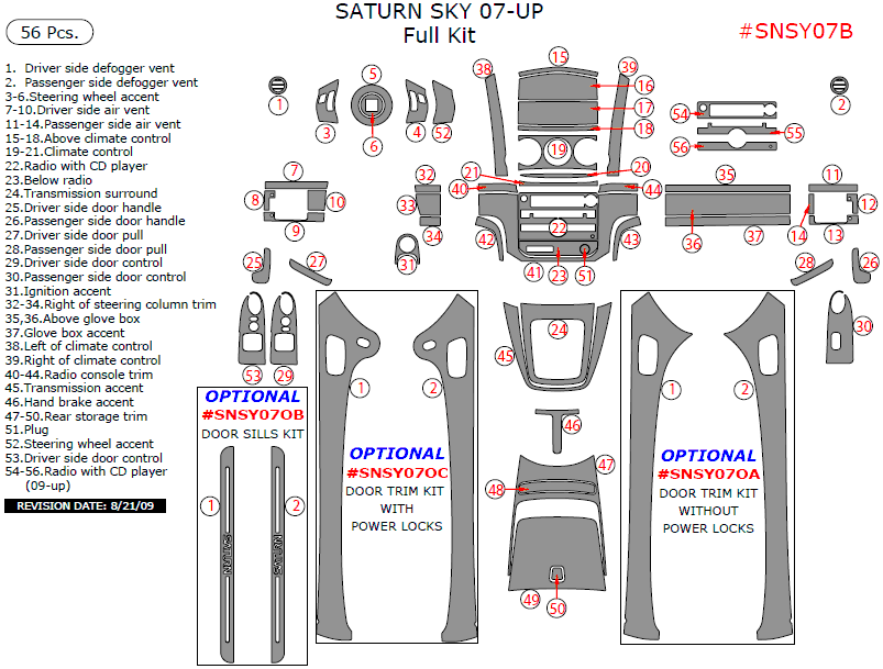 2007-2010 Saturn Sky Full Dash Trim Kit, 56 Pcs