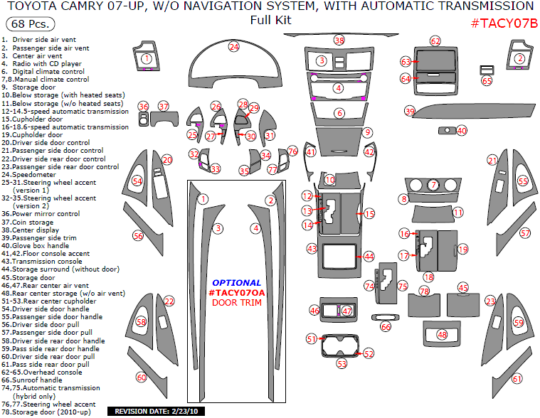 2007-2011 Toyota Camry Interior Full Dash Trim Kit, w/ Automatic ...