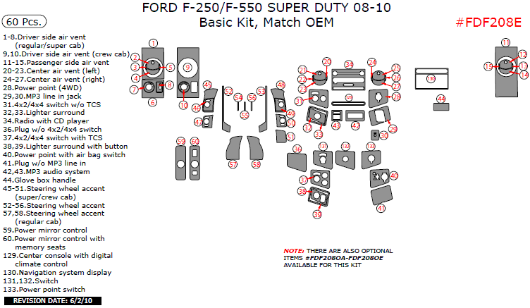 2008-2010 Ford F250 F550 SD Basic Dash Trim Kit, 60 Pcs., Match OEM