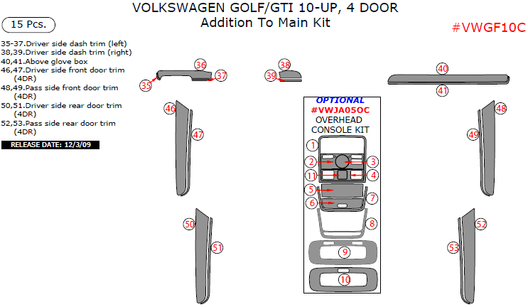 2010 VW Golf / GTi Sedan Addition to Main Dash Trim Kit, 15 Pcs