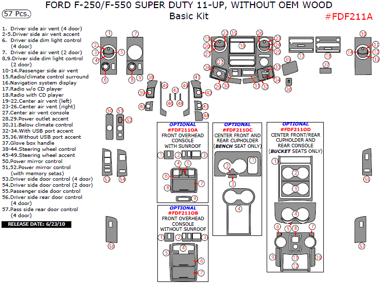 2011-2016 Ford F-250 F-550 Super Duty Basic Dash Trim Kit, w/o OEM Wood ...
