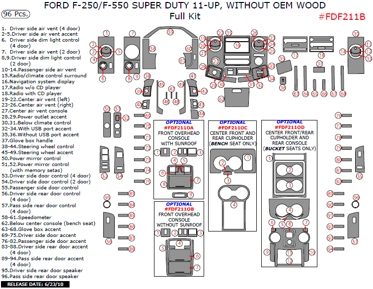 2011-2016 Ford F-250 F-550 Super Duty Full Dash Trim Kit, w/o OEM Wood ...