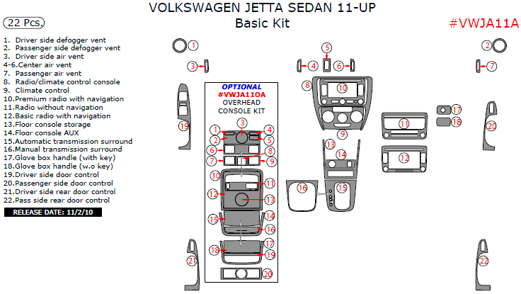 2011 VW Jetta Sedan Interior Basic Dash Trim Kit, 22 Pcs