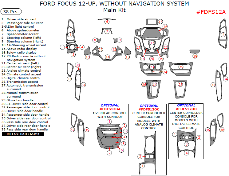 2012 Ford Focus Main Dash Trim Kit, w/o Navigation System, 38 Pcs