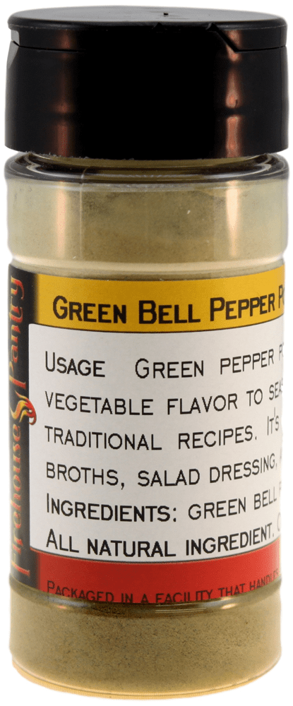 Dehydrated Ground Green Peppers in a Spice Jar at Firehouse Flavors
