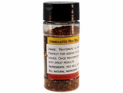 Granulated Red Bell Peppers in a Spice Jar by Firehouse Flavors