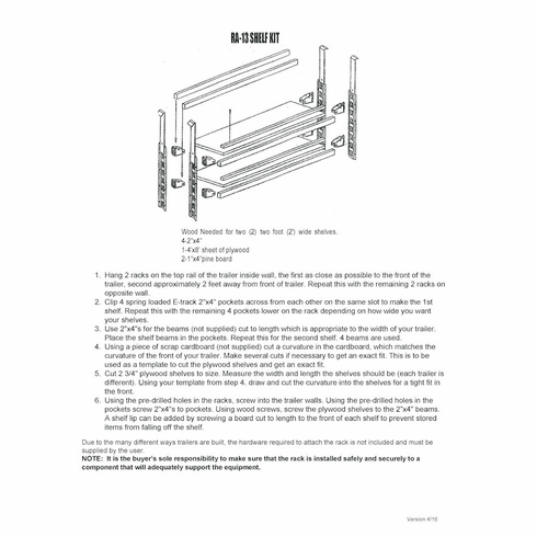Enclosed Trailer Shelf / Bunk Bed Kit RA-13 Rack'em Mfg.